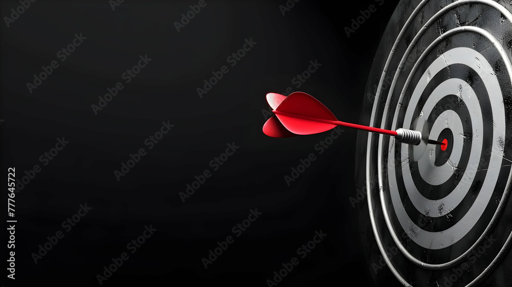 The photo shows a bullseye hit by an arrow, set against a black ...