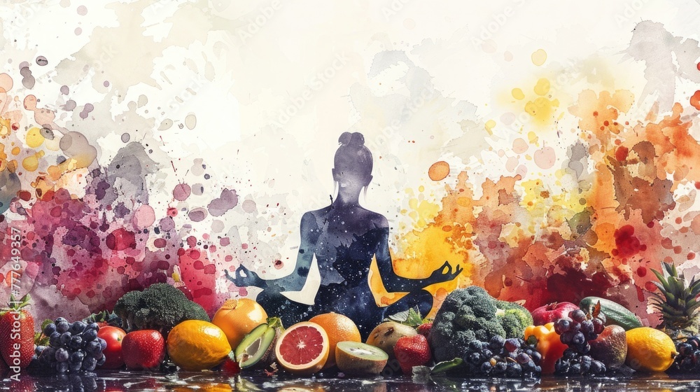 Watercolor scene of a person in lotus pose amid vibrant fruits and ...