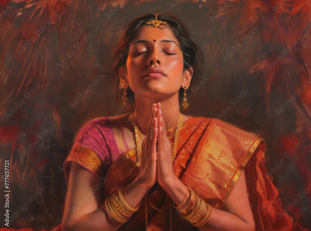 Indian woman prays. Faithful girl, clasped hands and closed eyes ...
