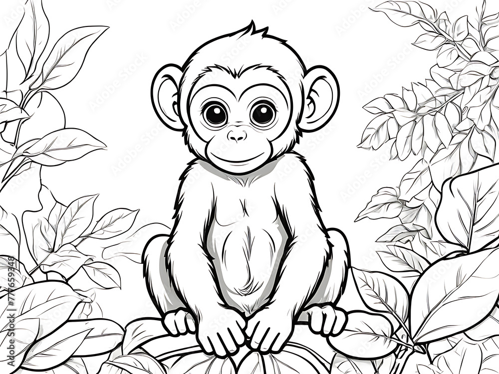 Cute Monkey coloring page outline illustration Stock Photo | Adobe Stock