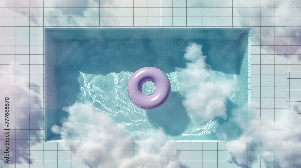 swimming pool of tiled walls with a pastel purple swim ring floating on ...