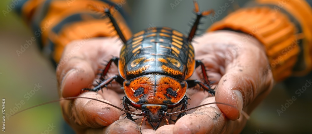 Foto de Stock Person Hand holding a Madagascar hissing cockroach ...