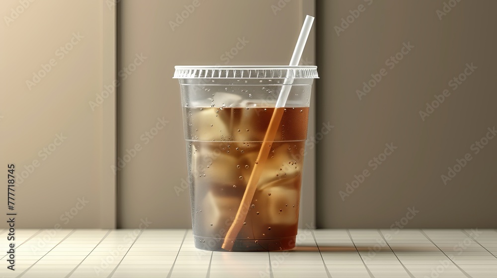 Vector realistic 3d empty clear plastic disposable cup with a straw closeup isolated on ...