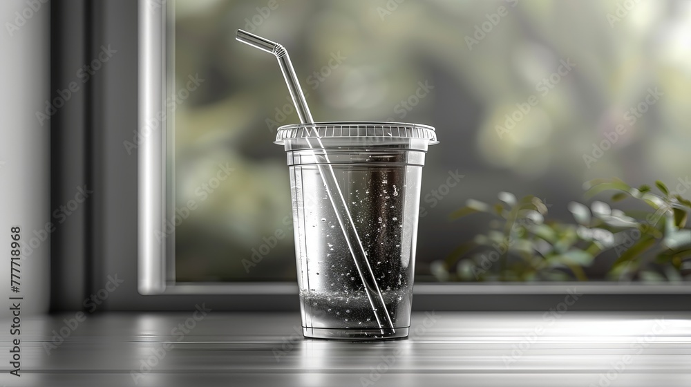 Vector realistic 3d empty clear plastic disposable cup with a straw ...
