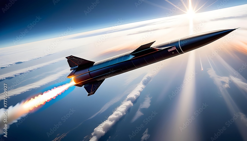 Dramatic image of a supersonic jet soaring high in the sky with ...