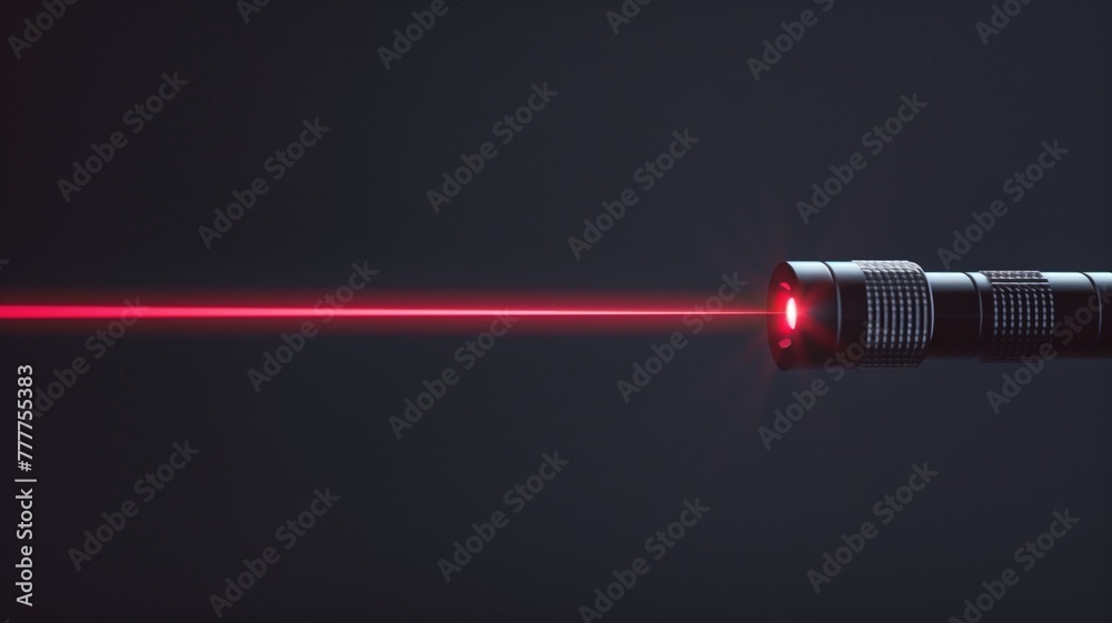Red laser beam projecting from metal pointer against dark background ...