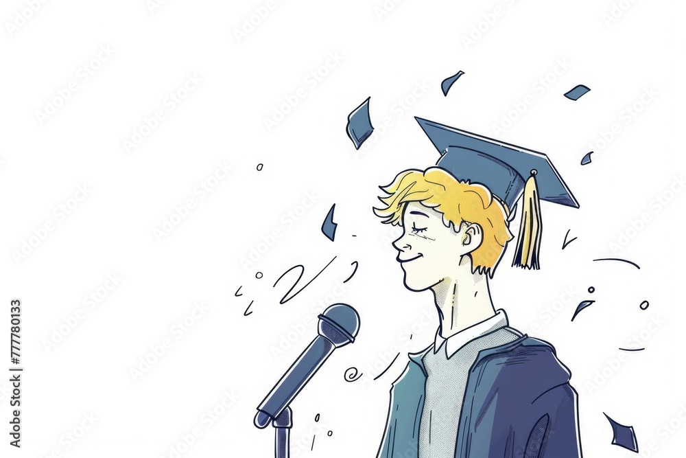a student wearing a graduation cap speaks in front of a microphone ...