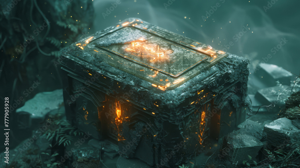 ภาพประกอบ Stock Mysterious box unearthed in an ancient ruin, glowing ...