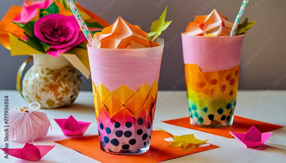 Glasses of tasty fruity frozen boba tea drinks In a cut paper origami ...