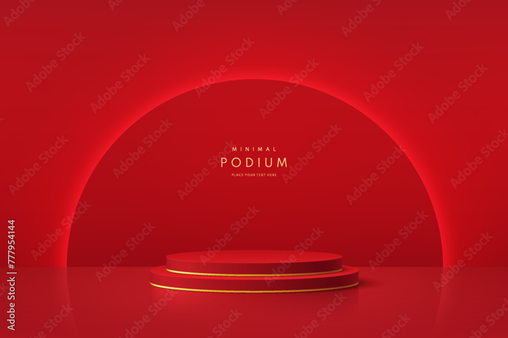 Realistic red 3D cylinder podium background with glow neon semi circle ...