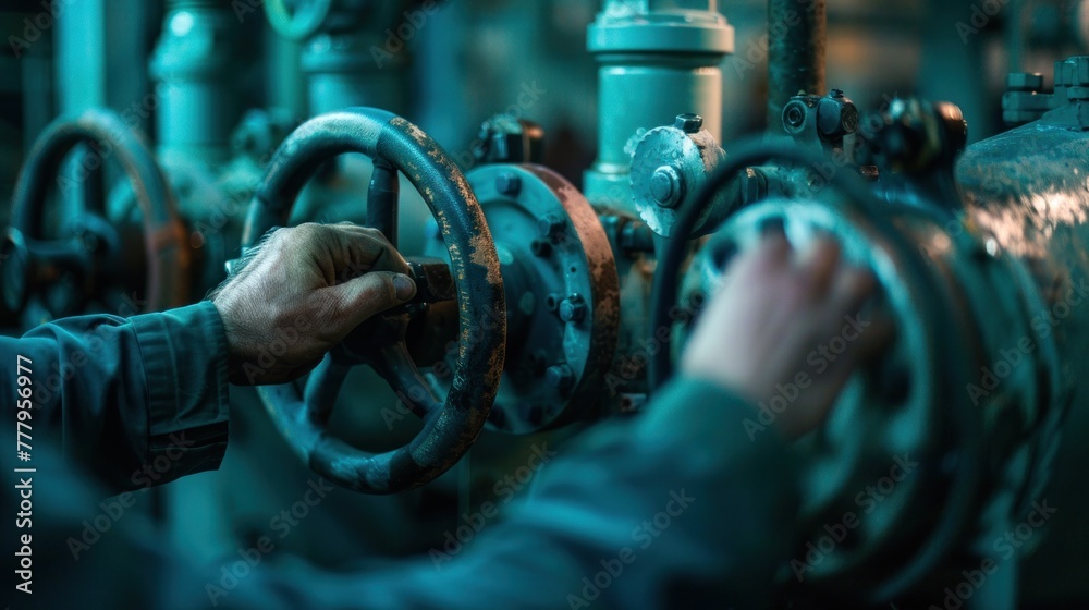 Person operating manual valves in an industrial setting with metallic ...