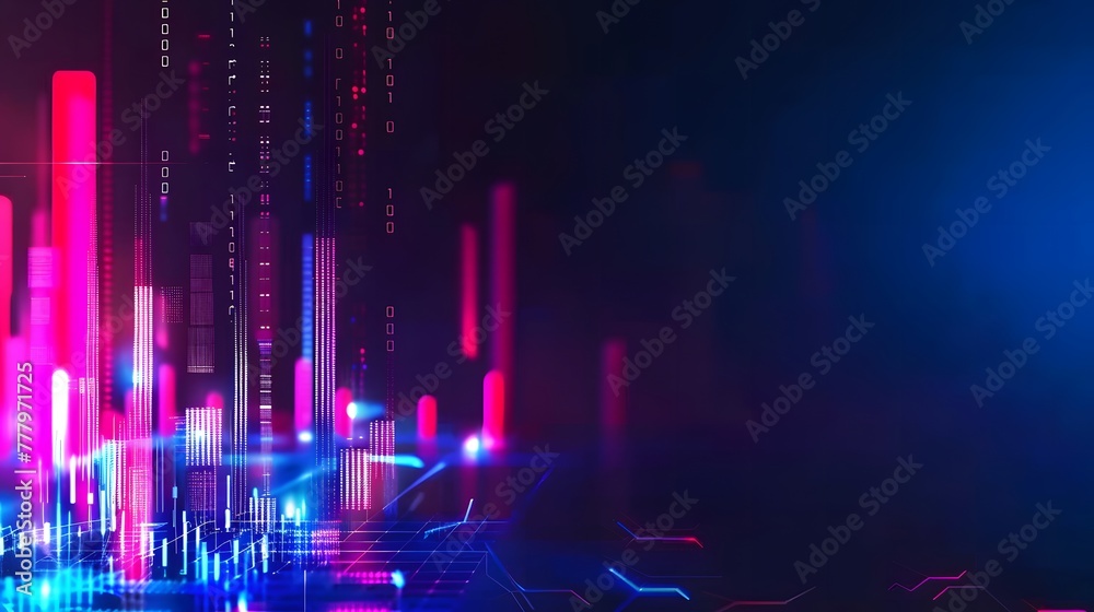 Modern Financial Tech Display，Neon Glow Bar Graph and Trading Charts on ...