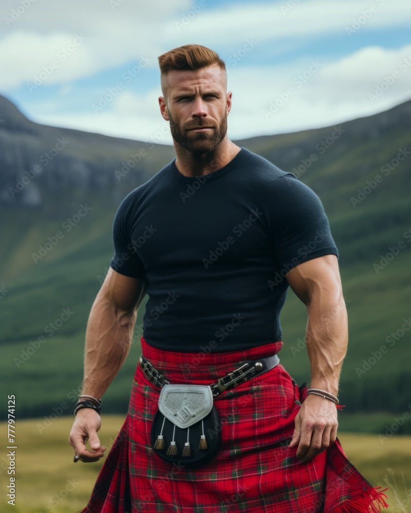 handsome muscular Scottish man dressed in a T-shirt and red plaid kilt ...