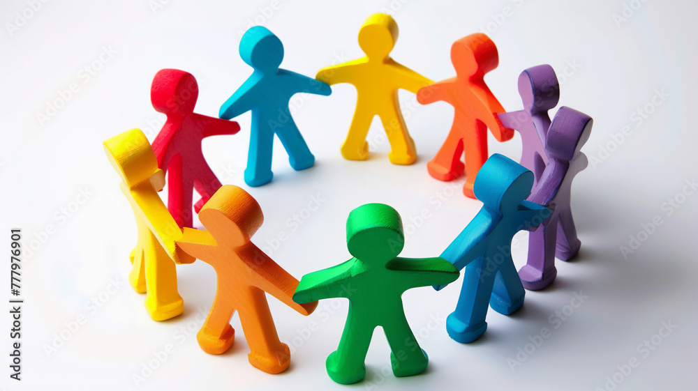 Colorful foam figures of people holding hands on a white background ...