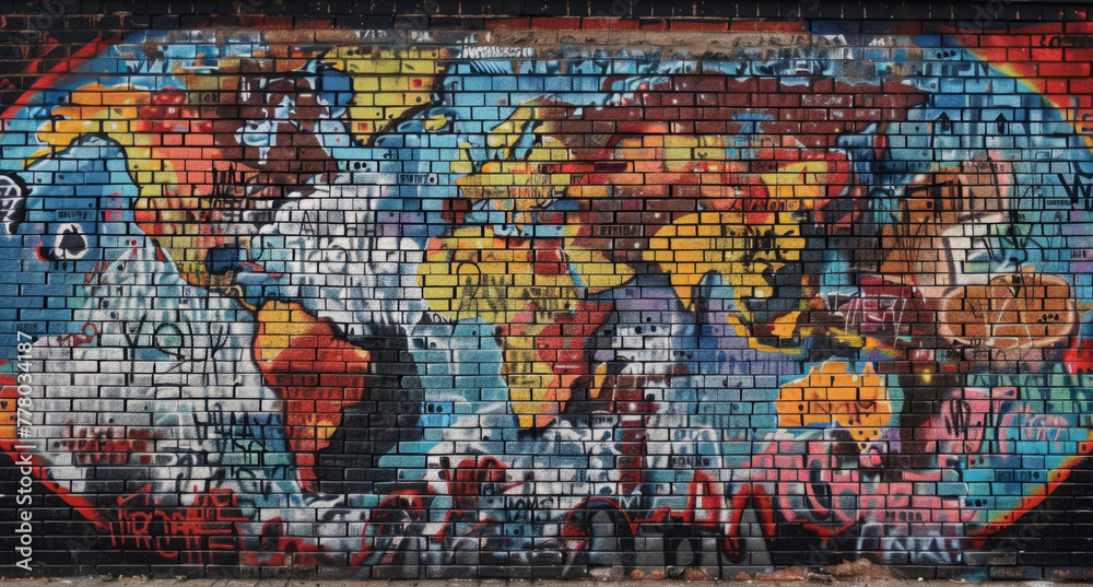 World Map Graffiti on a Street Wall A detailed graffiti mural of a ...
