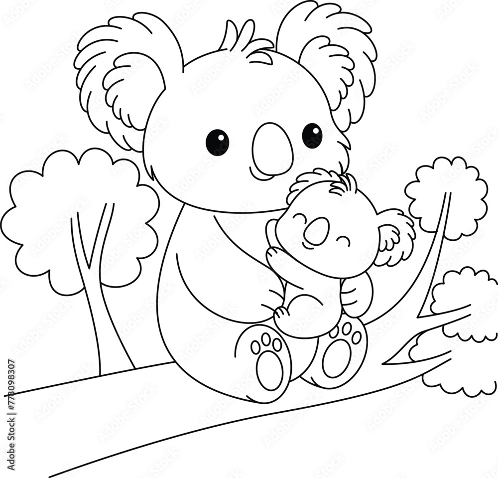 Cute kawaii cartoon character koala mom and baby on the tree coloring ...
