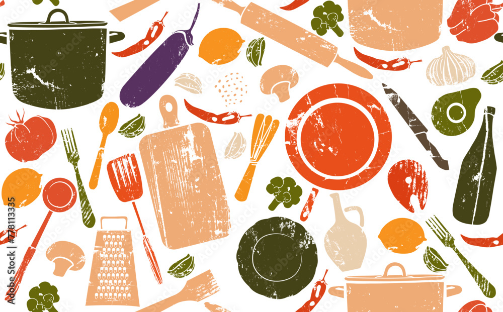 Seamless pattern with grunge hand drawn healthy food and kitchen ...