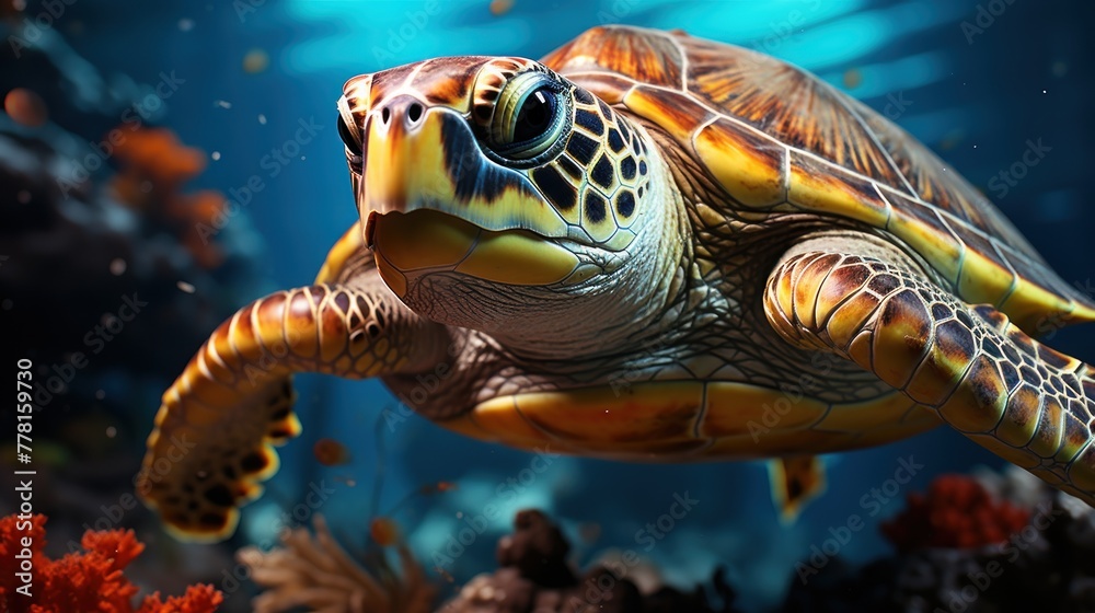 Turtles are swimming in the deep sea with coral rocks that look very ...