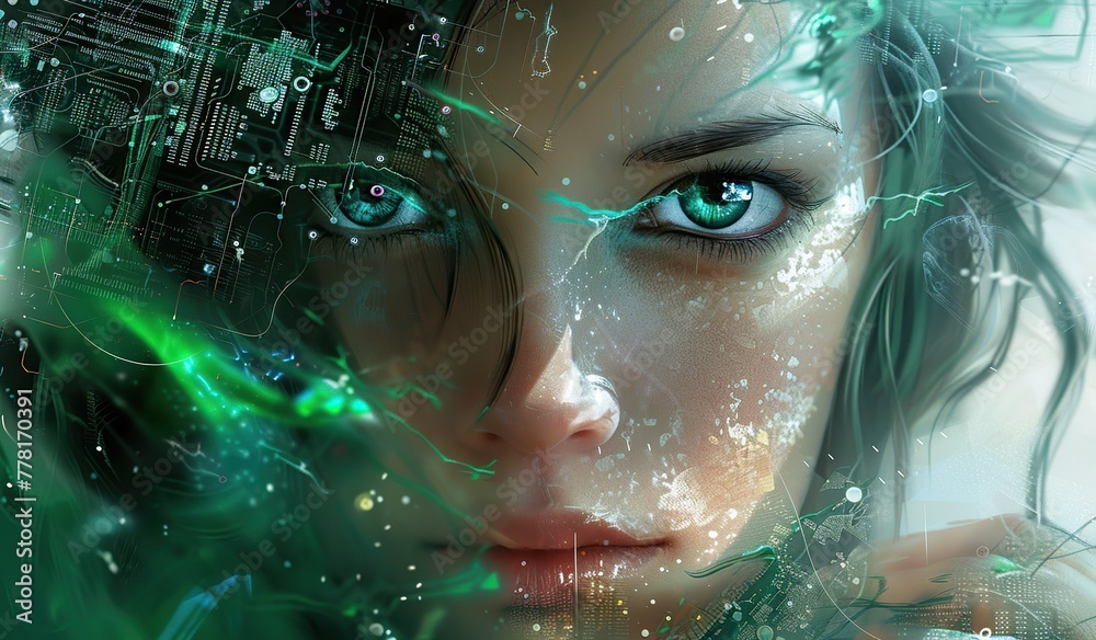 Woman's face against a background of green electronic boards and ...