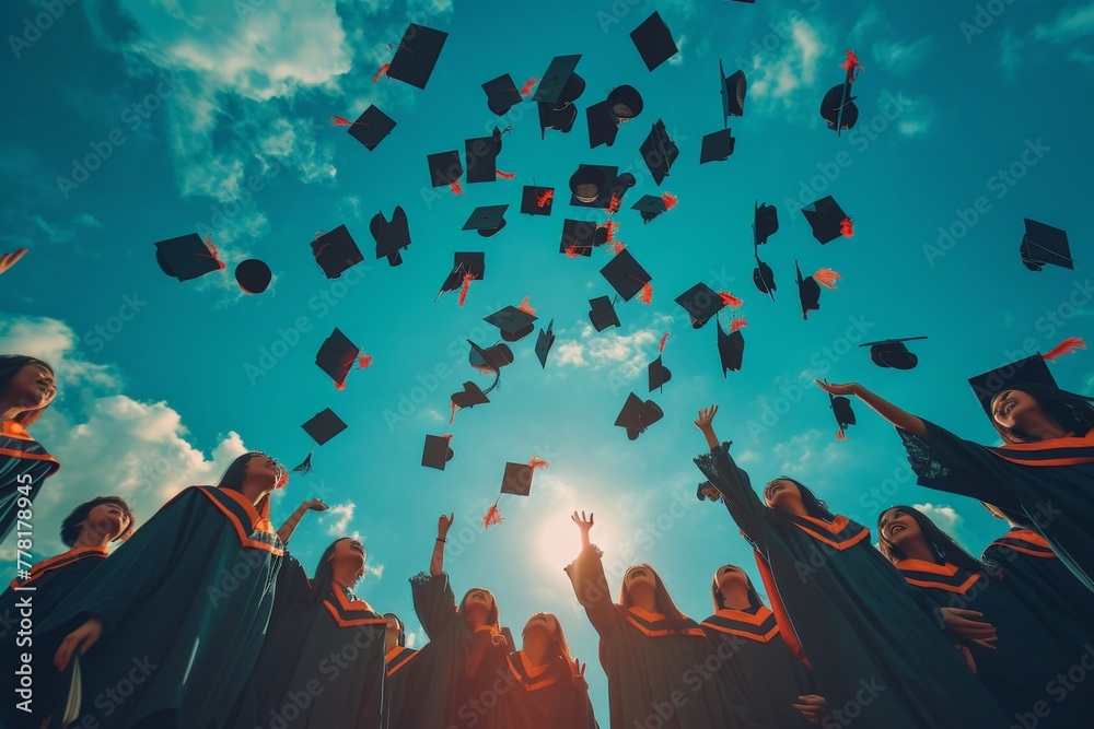Excited high school graduates throwing their caps in the air to ...