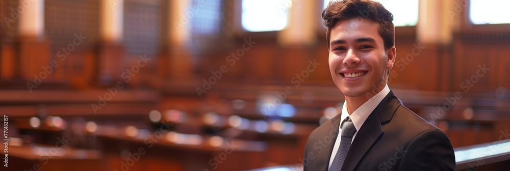 Confident Hispanic male lawyer wearing a business suit in courthouse ...