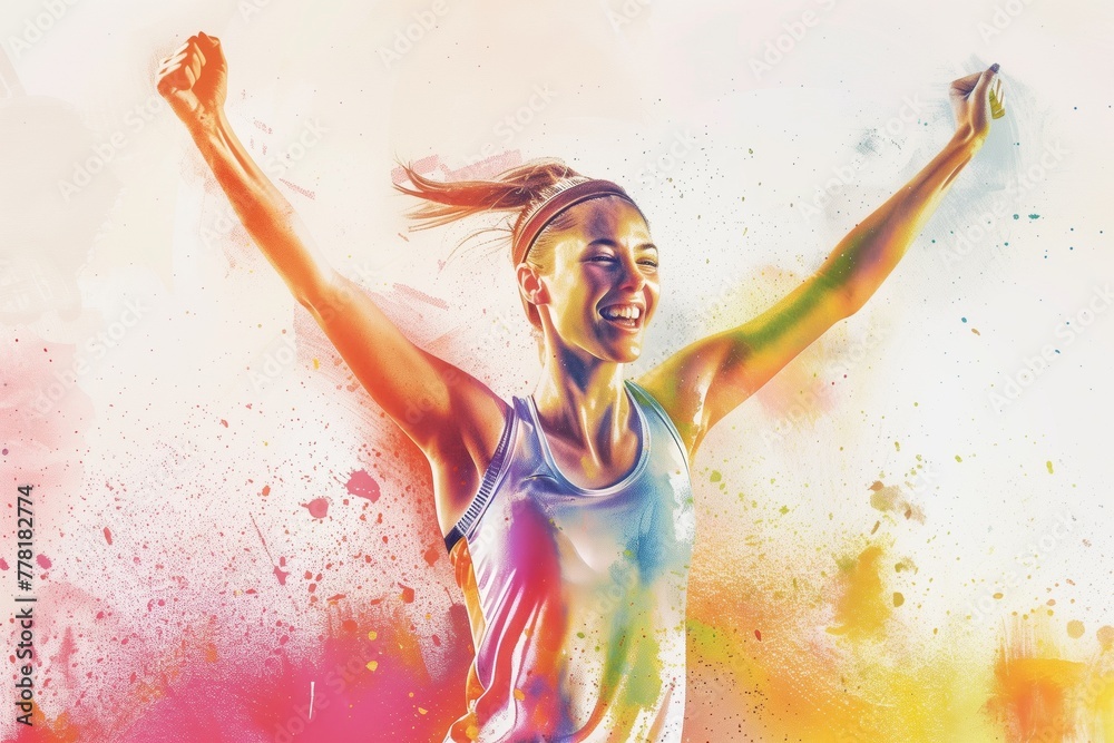 The watercolor illustration depicts a joyful young female athlete with ...