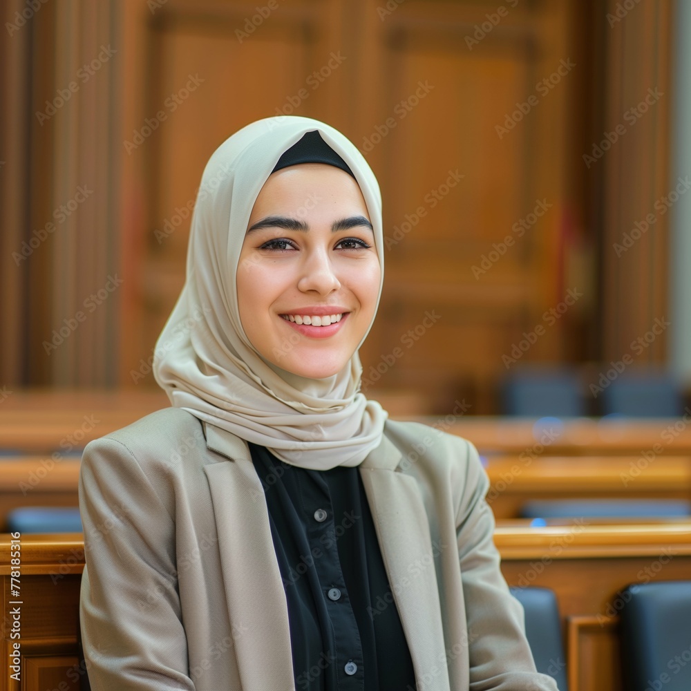 Confident smiling Muslim female lawyer wearing a business suit and a ...