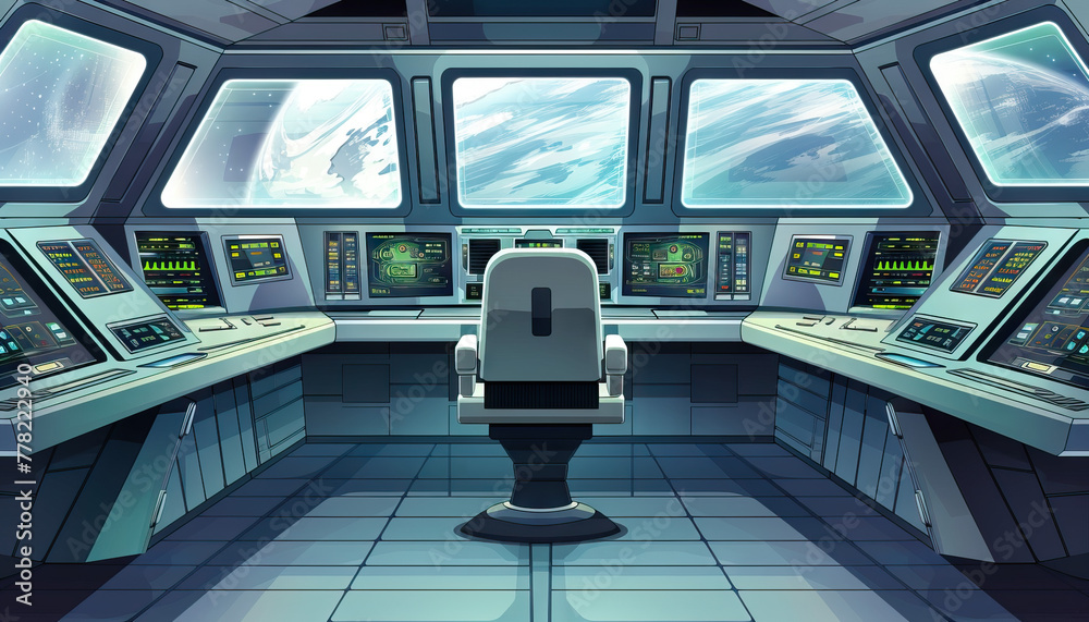 Sci-Fi Spaceship Bridge: A futuristic spaceship bridge set with control panels, captain's chair ...