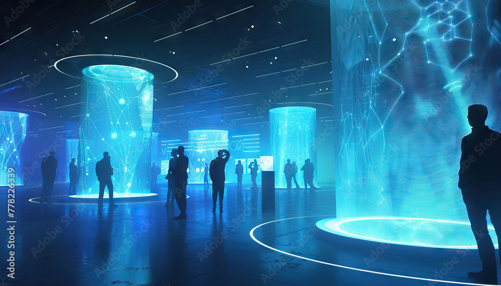 Technology Expo Showcase: A futuristic expo set with cutting-edge tech ...