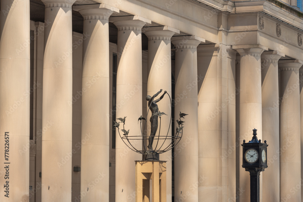 Francesco Perilli sculpture and clock outside Union Station, a historic ...