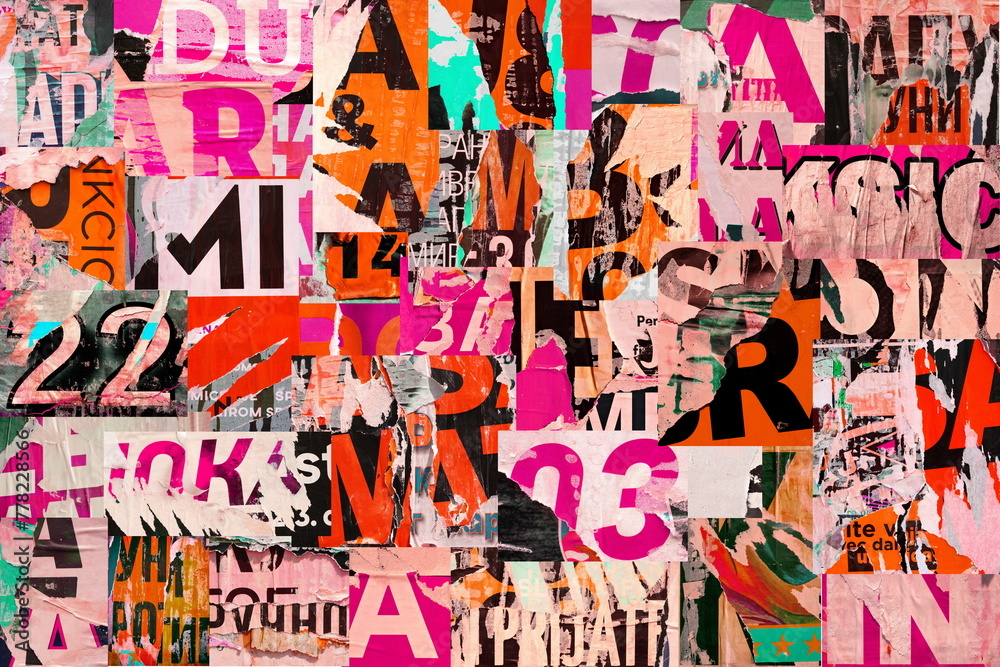 Collage of many numbers and letters ripped torn advertisement street ...