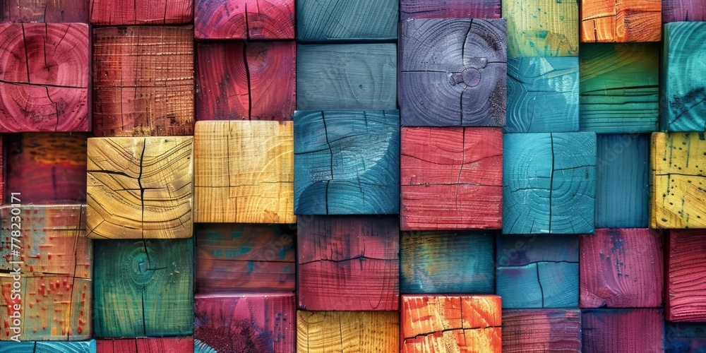 Colorful wooden blocks on a background are portrayed in a style that ...