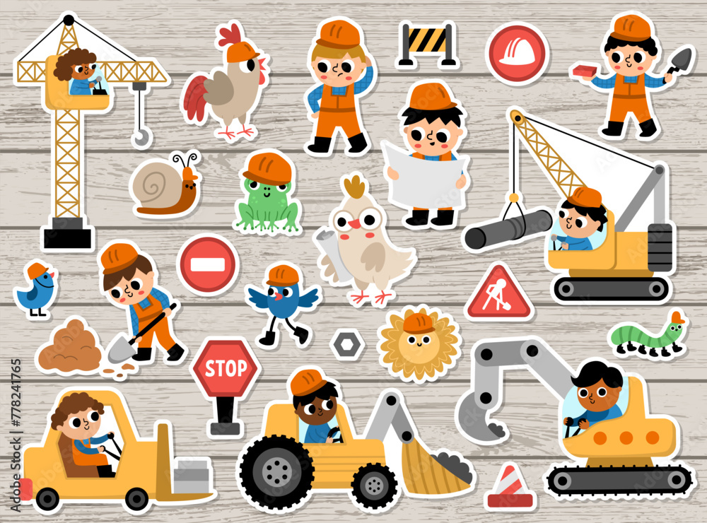 Big vector construction site and road work stickers set. Building ...