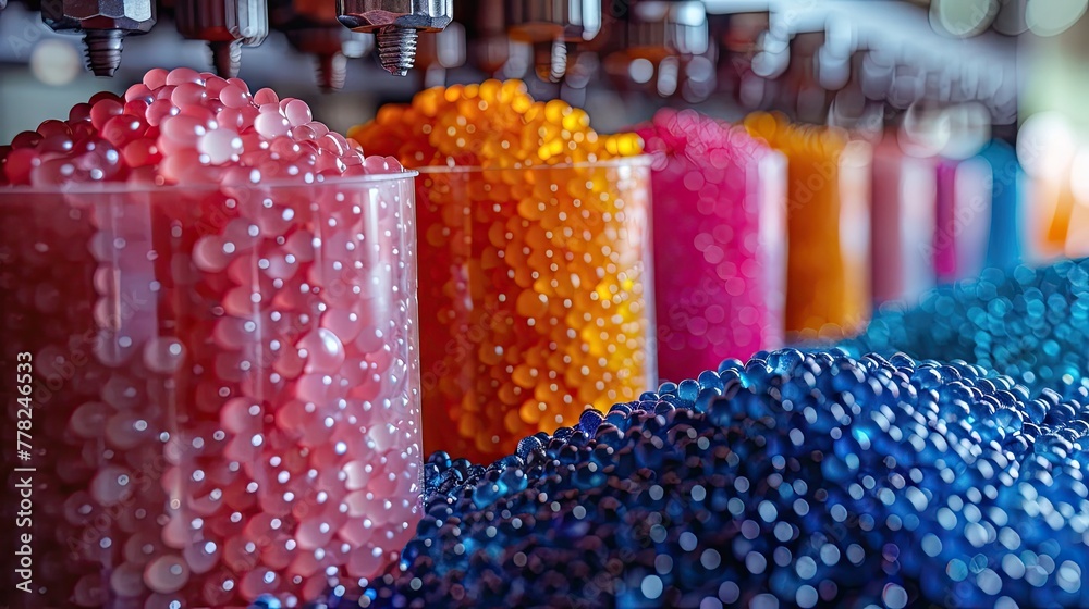 Brightly colored plastic pellets melting in an injection molding ...