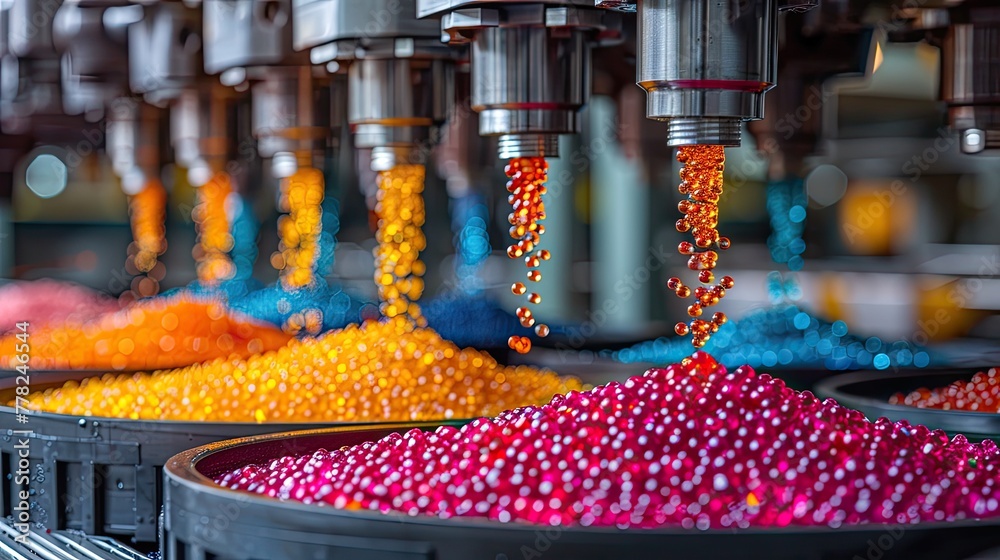 Brightly colored plastic pellets melting in an injection molding ...