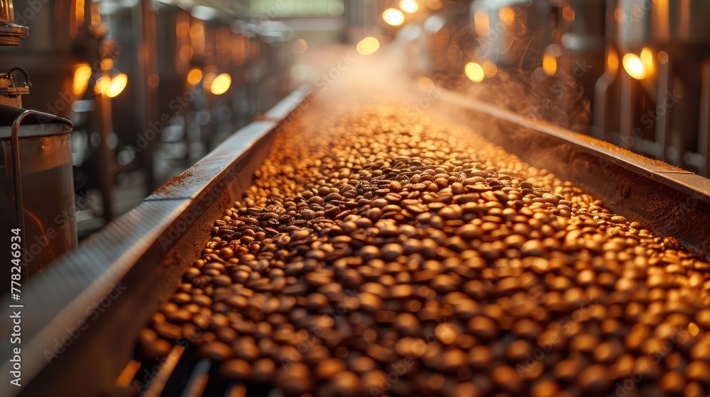 Conveyor belt transporting freshly brewed coffee in a coffee bean ...