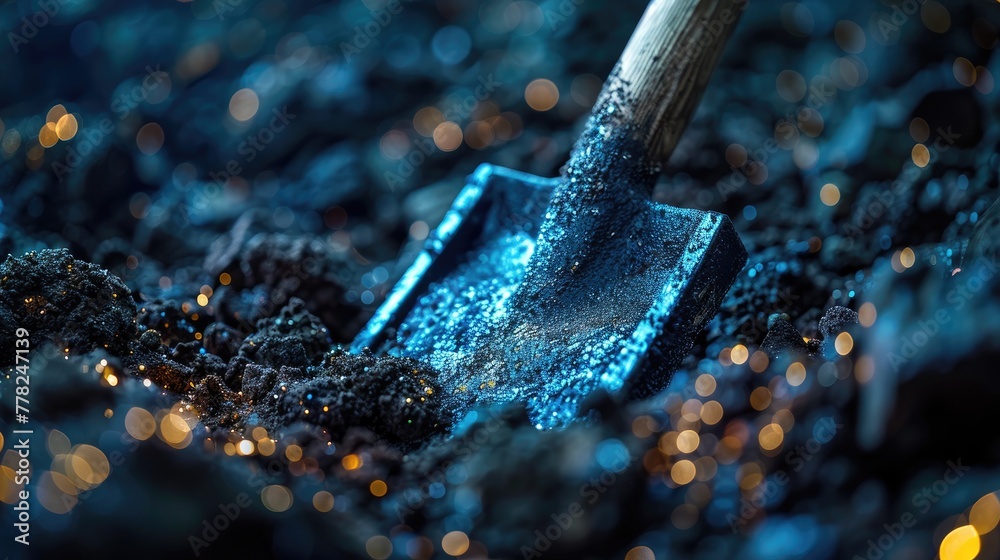 data mining concept with pickaxe and shovel on a digital background, information extraction ...