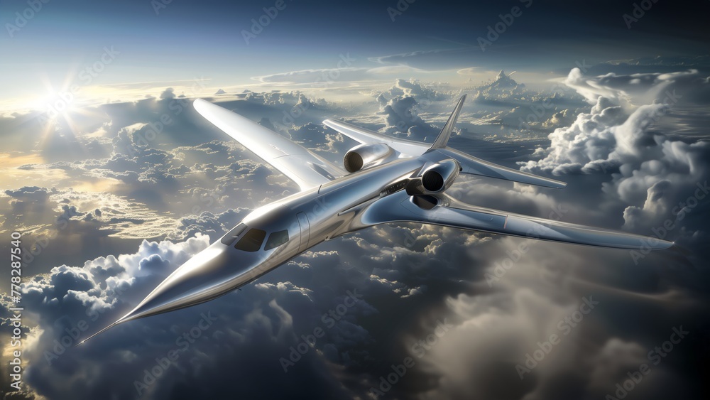 Stock-Foto „Supersonic futuristic airplane above the clouds, Futuristic ...