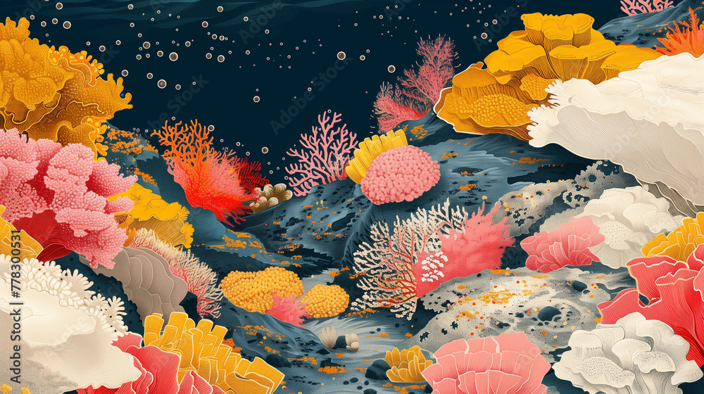 Paysage marin, fonds marins colorés avec algues, corail, faune et flore de l'océan, illustration ...