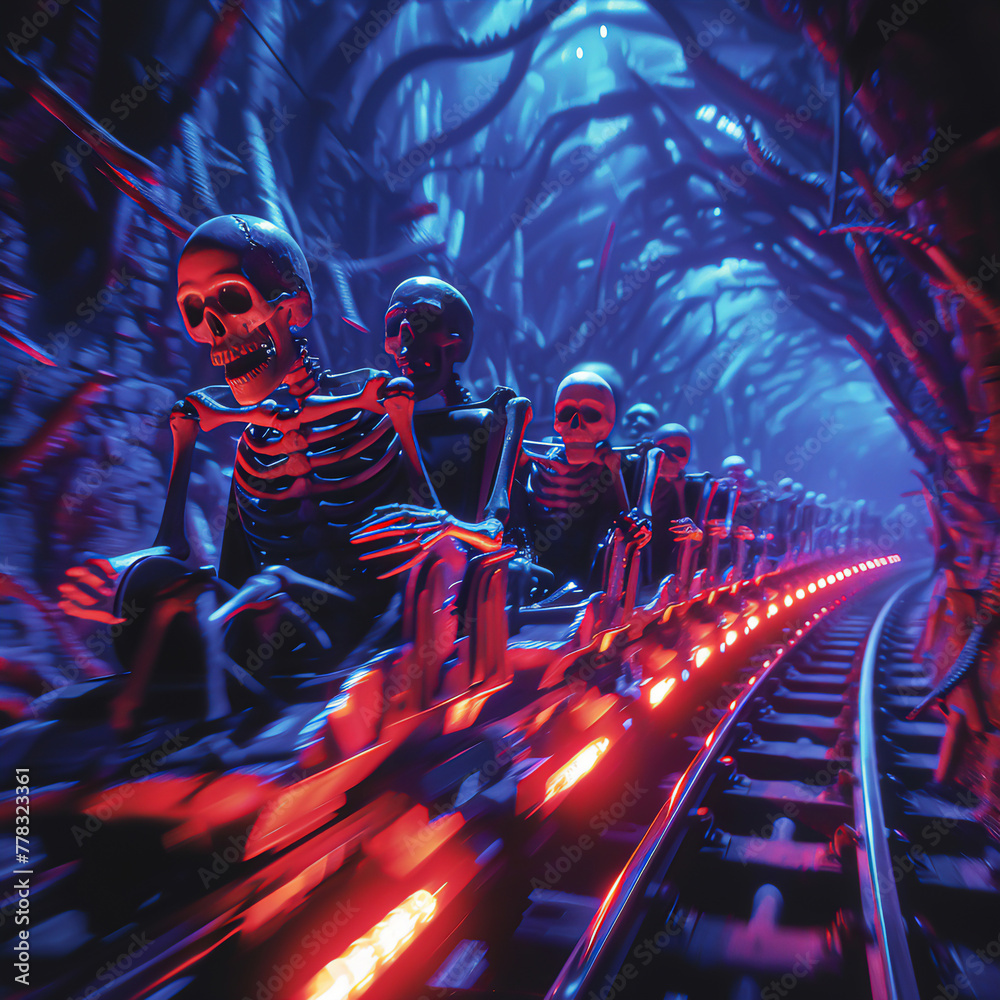 A roller coaster with cars shaped like skeletal hands, gripping riders ...