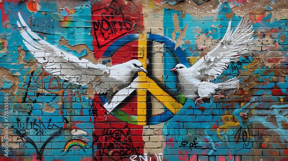 Urban wall with vibrant graffiti showcasing Symbols of Peace. Colored ...