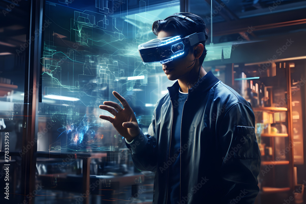 working with virtual Reality, VR headset, working with VR Glasses on ...