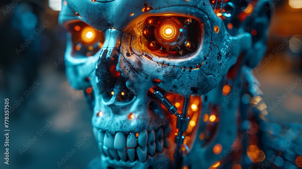 Halloween AI with scary face. Skull of robot with lighting eyes. Cyborg ...
