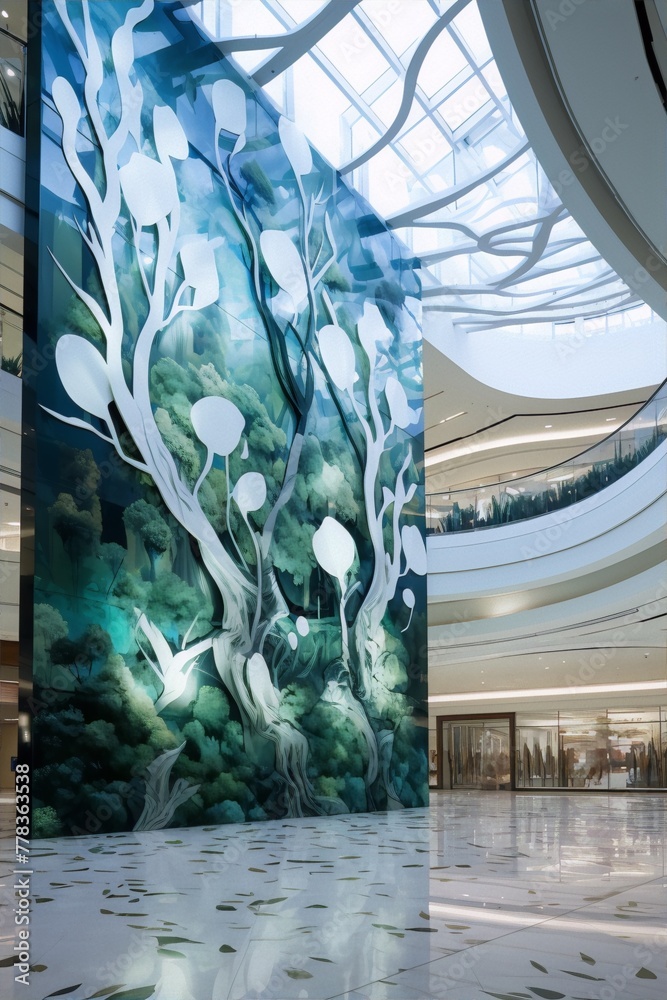 Large-scale contemporary art installation of a lush green and blue ...