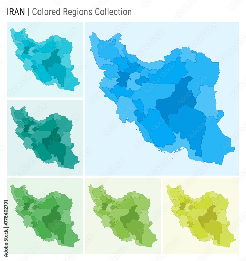 Iran map collection. Country shape with colored regions. Light Blue ...