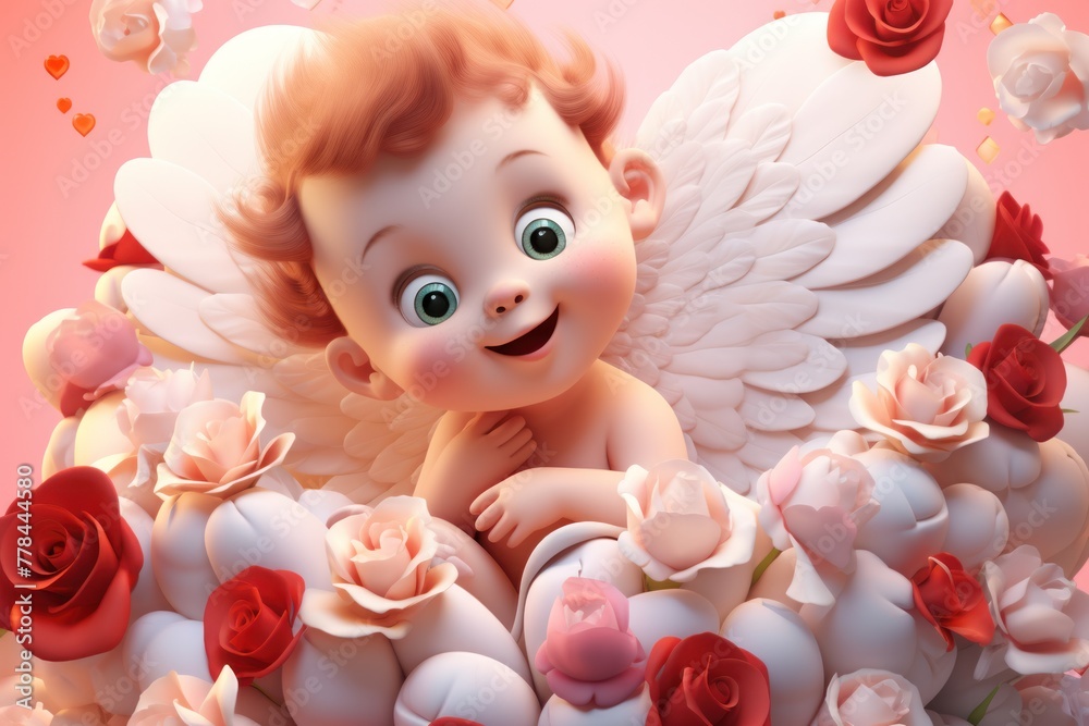 Adorable angel child with wings, surrounded by a sea of flowers and ...