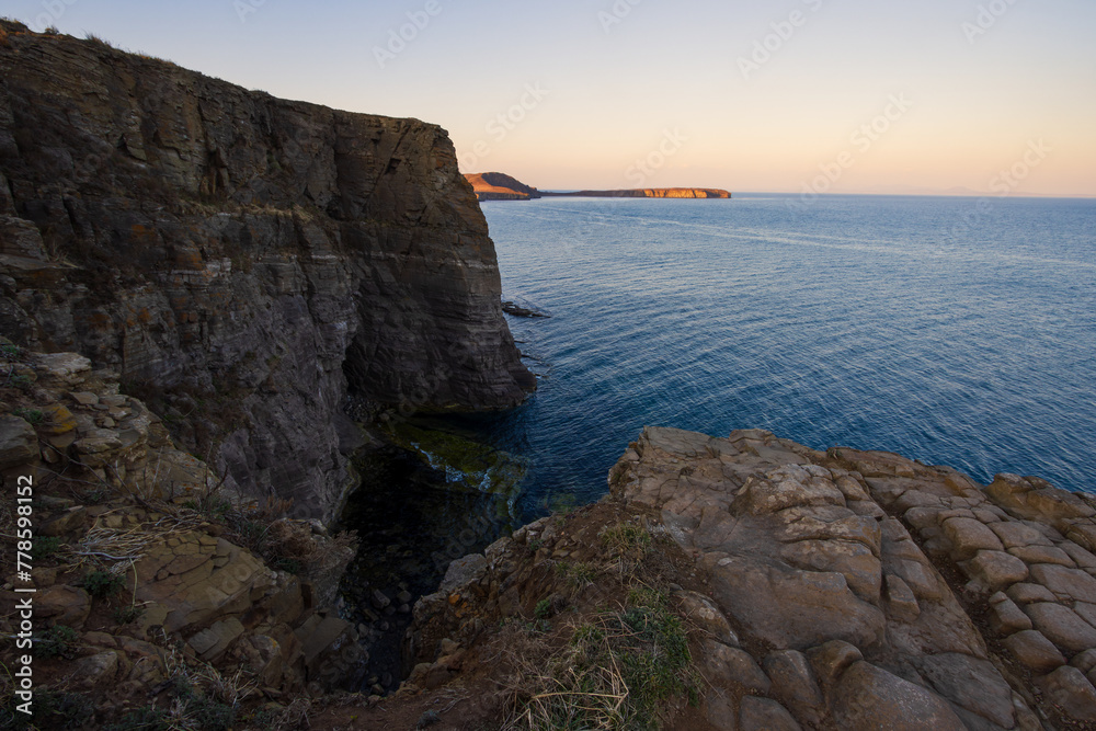 Beautiful seascape. View of the rocky seashore. Cape Tobizin, Russky ...
