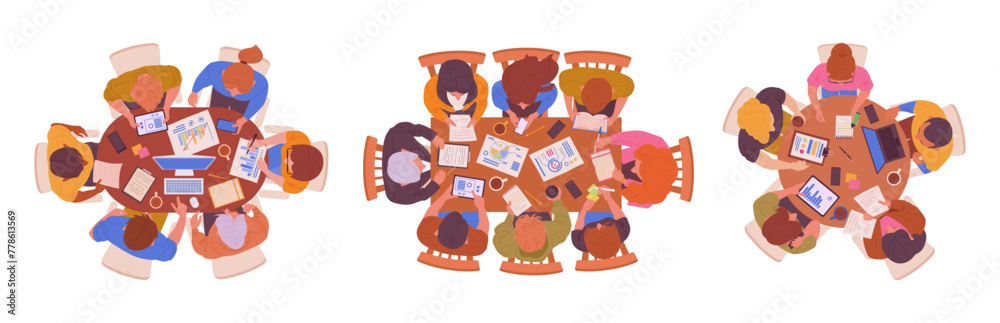 People working top view. Teamwork or brainstorming, characters work at ...
