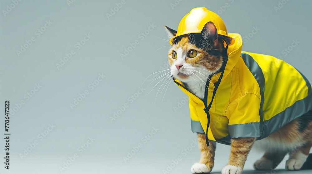 Captured on World Safety Day, a calico cat dressed in a tailored safety ...