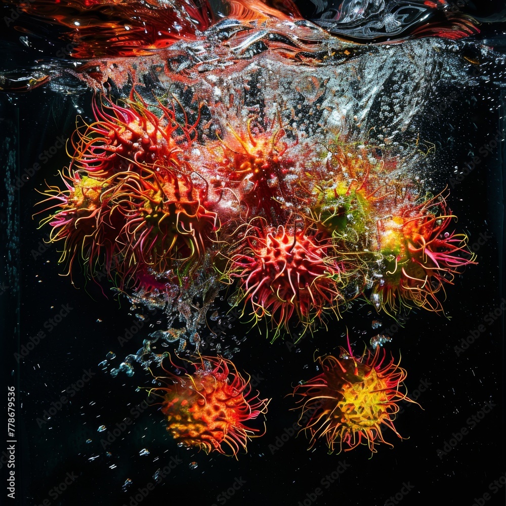 underwater explosion, exotic rambutan fruit, black background, high ...